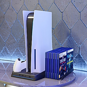 Q-View Vertical Stand for use with PlayStation 5, 4 in 1 Docking Station, Controller Charger, Cooling Fan and Games Storage Tray Compatible with PS5 Console, Disk and Digital Version