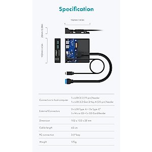GRAUGEAR 3.5 Inch Front Panel USB C Hub, SD/microSD Internal Card Reader, 20Gbps USB 3.2 Gen 2x2, 20-pin Type-E Key-A Header & USB3.0 Header & 15-Pin SATA Power Connector Required [G-MP01CR]