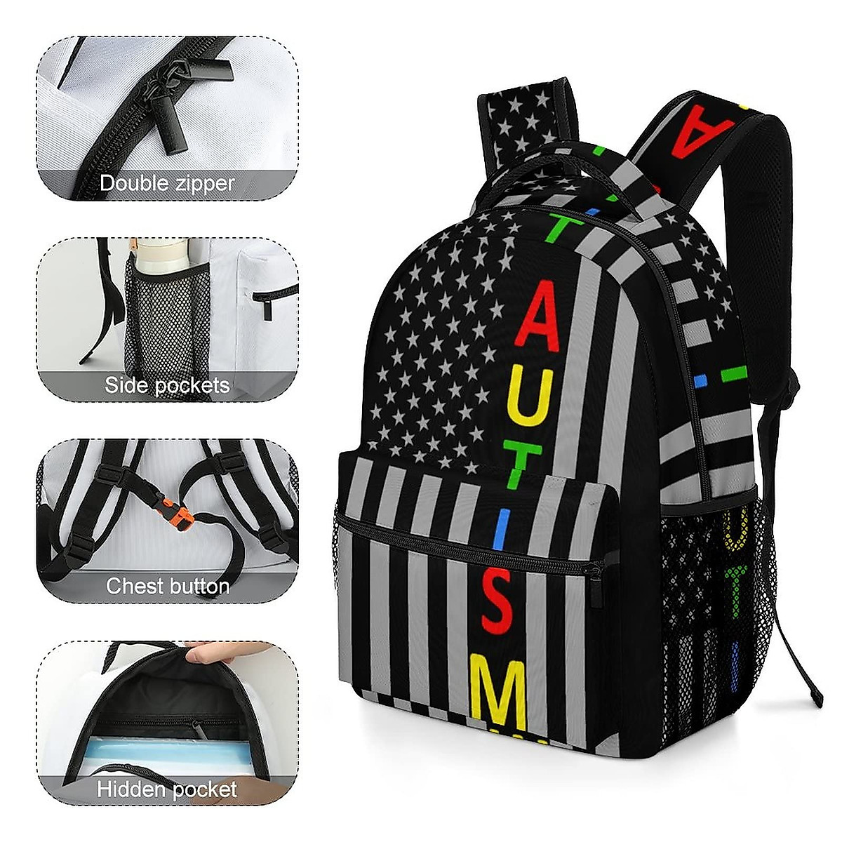 Autism Awareness Puzzle USA Flag Laptop Backpack Fashion Shoulder Bag Travel Daypack Bookbags for Men Women