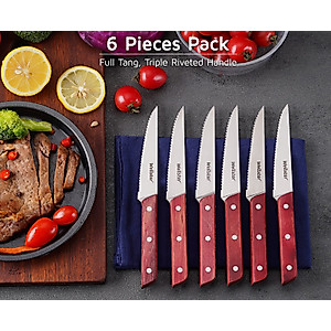 WELLSTAR Serrated Steak Knife Set of 6, Ultra Sharp Japanese Stainless Steel 4.5 inch Blade and Full Tang Pakkawood Handle Dinner Table Knives Pack for Home Kitchen Restaurant – Triple Riveted
