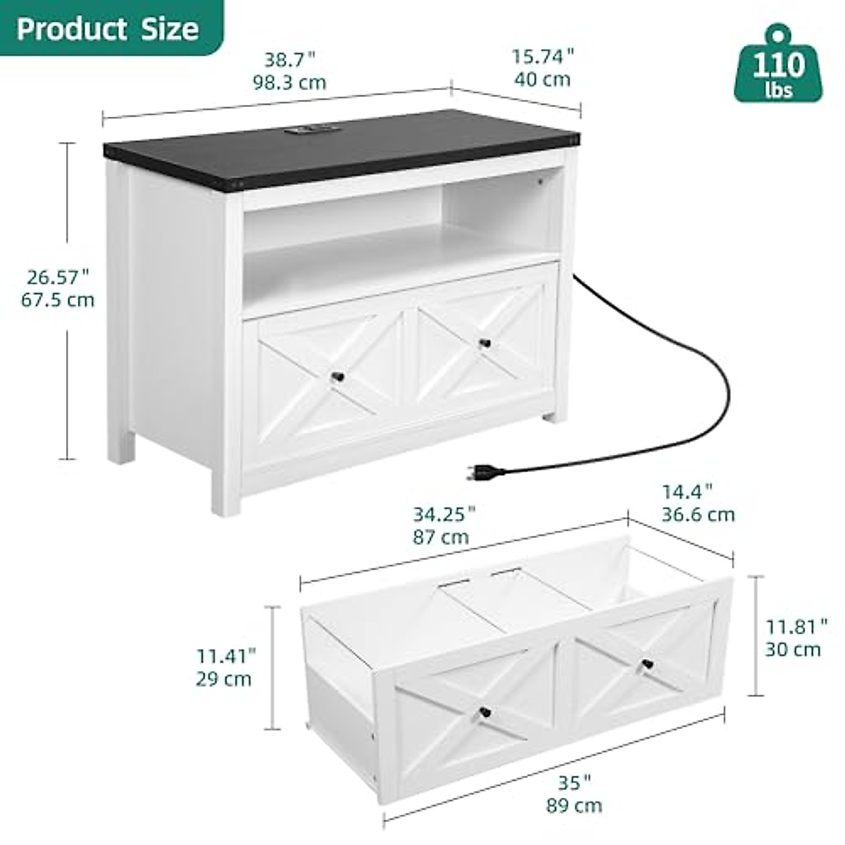 YITAHOME Wood File Cabinet with Charging Station, Drawer Filing Cabinet Cart, Farmhouse Nightstand Printer Stand for Home Office, Bedroom, Living Room, Entryway, Black & White