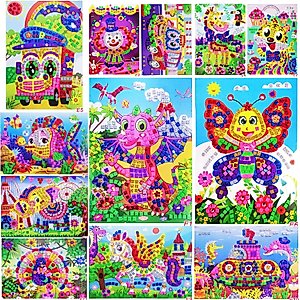 Mosaic Sticker Art Kits for Kids - Mosaic Sticker Art Sticky DIY Handmade Art Kits for Kids - Dinosaur, Horse, Peacock, Elephant, Tiger, Giraffe, Fish, Bee, Clown, Bus, Taxi, Submarine(12 Pack)