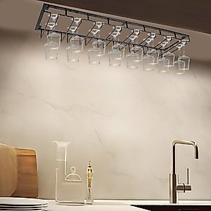 TFCFL Hanging Wine Glass Rack Under Cabinet Wine Glass Holder Under Shelf Stemware Rack, 8 Row Extreme Large Metal Wine Glass Hangers Under Shelf for Bar Counter, Kitchen, Screws Included (Balck)