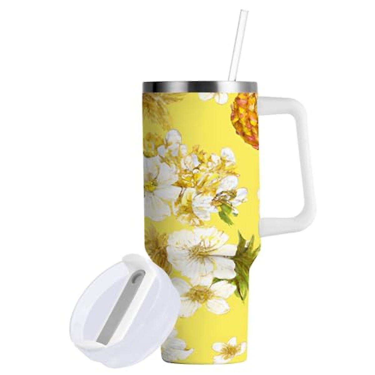 Burbuja Tropical Fruits Flowers 40oz Insulated Tumblers with Handle and Straw Lid, Double Wall Stainless Steel Travel Mug Leak-Proof, BPA Free, Gift for Mom Dad