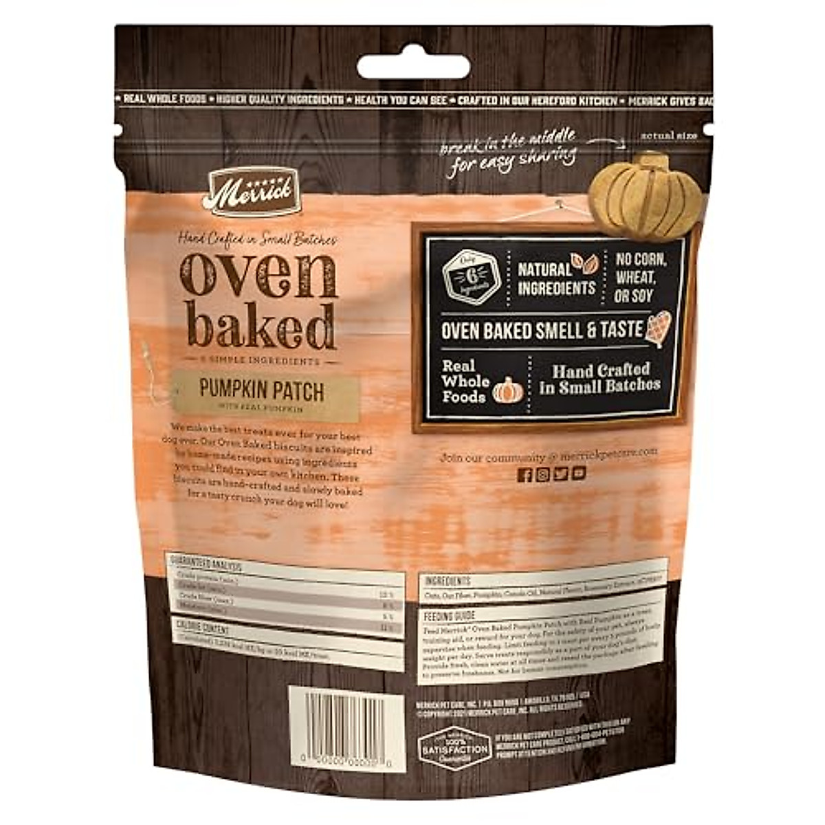 Merrick Oven Baked Dog Treats, Natural and Crunchy Bag of Treats, Pumpkin Patch with Real Pumpkin Snack - 11 oz. Bag