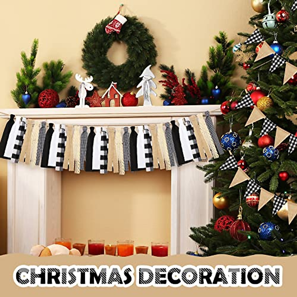 3 Pieces Buffalo Check Plaid Banner Sets Including Buffalo Plaid Highchair Banner and 2 Burlap Black and White Gingham Pennant Banners for Fireplace Farmhouse Classroom Decor