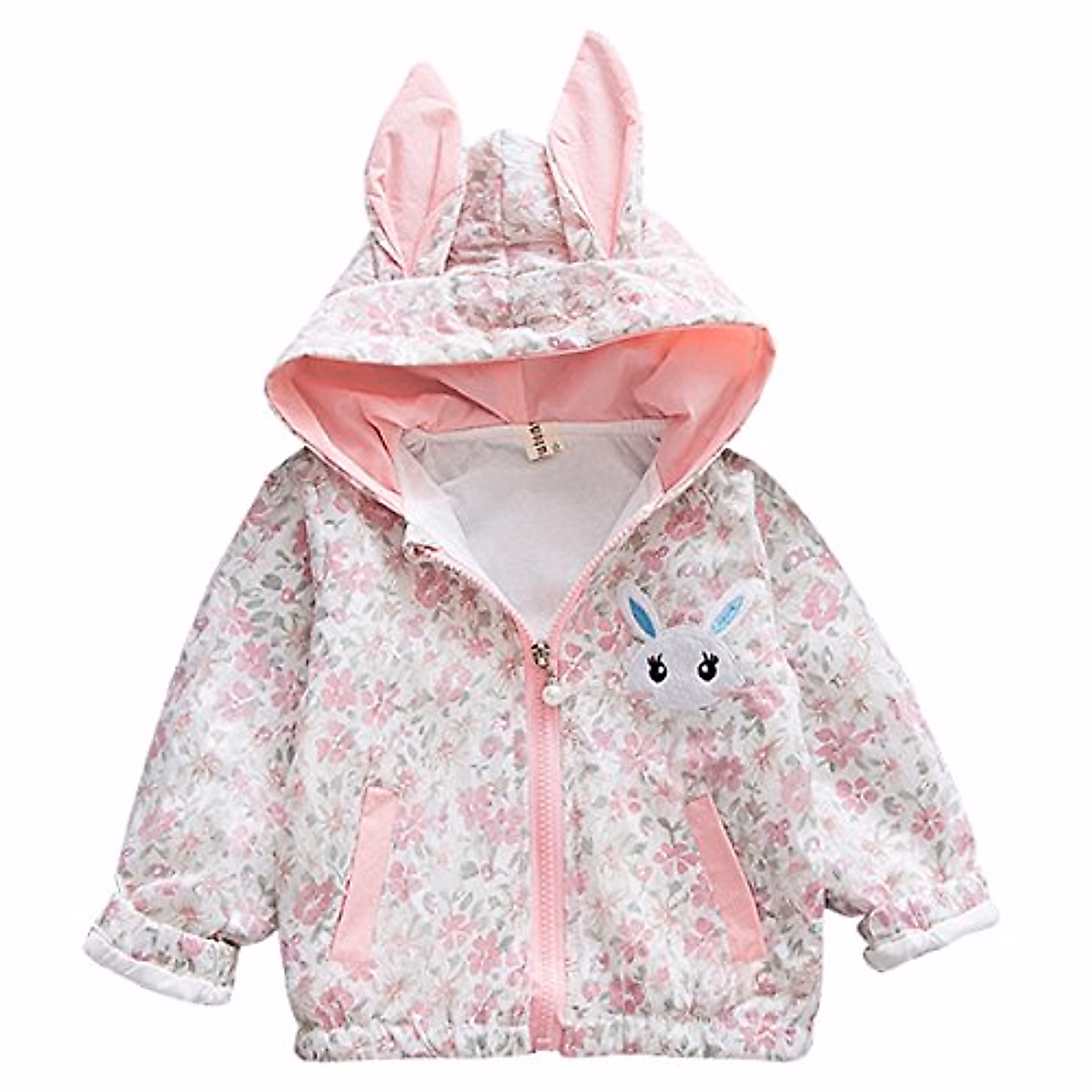 famuka Baby Girls Hooded Jacket Floral Pattern Coat Rabbit Style Windbreaker for Spring/Autumn (Pink, 3-6 Months)
