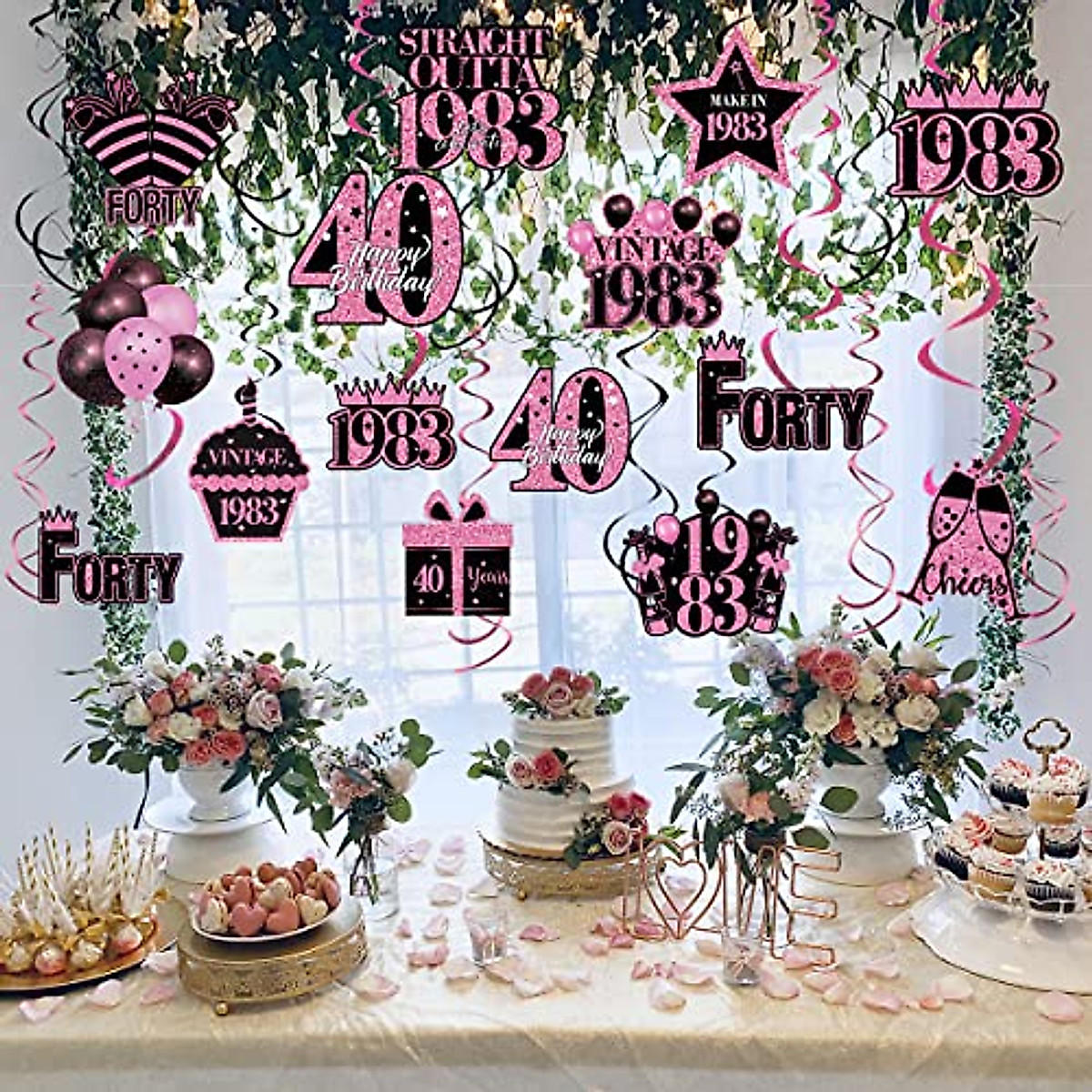 40th Birthday Decorations Women, 45pcs Happy 40 Birthday Party Supplies, 1983 40th Birthday Hanging Swirls for Her, Pink Dangling Spinners Foli Decor, Forty Years Old Bday Ceiling Party Favors