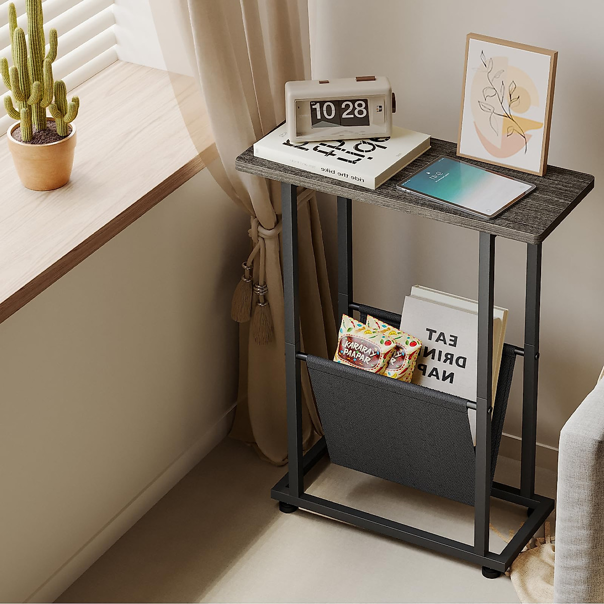 Fixwal Small Narrow Side Table, Slim Nightstand with Storage Shelf, Magazine Table for Small Spaces, End Table for Living Room, Bedroom, Hallway (Grey)