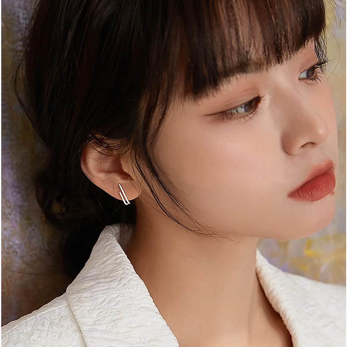 Reffeer Solid 925 Sterling Silver Bar Huggie Stud Earrings Hoops for Women Bar Half Hoop Earrings Open Hoops (A-Silver)