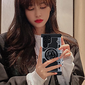 VooDirop Emily in Paris Phone Case for Samsung Galaxy S22 Ultra 6.8 inch Case Vintage Camera Phone Case Cover Cute 3D Cool Phone Case Safe Silicone Neck Lanyards Removable for Girls Women Black