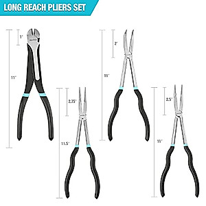 DURATECH 4 PCS Extra Long Needle Nose Pliers Set, Premium CRV Steel, 11" Long Reach Straight Pliers, 90° Bent Nose Pliers, 45°Bent Nose Pliers, Diagonal Pliers for Hard-to-Reach Narrow Spaces