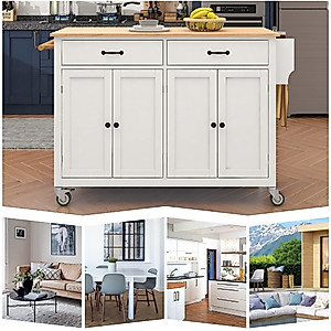 Kitchen Island on Wheels - Moveable Kitchen Island with Solid Wood Top and Locking Wheels, Rolling Kitchen Carts on Wheels with Storage, White