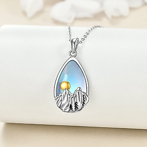 YFN Sterling Silver Moonstone Mountain Pendant Necklace Nature Jewelry Gift for Skiers, Hikers, Campers, Climbers and Nature Lovers