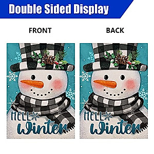 Covido Home Decorative Hello Winter Snowman Garden Flag, Buffalo Plaid Check Yard Outside Decorations, Outdoor Small Decor Double Sided 12x18