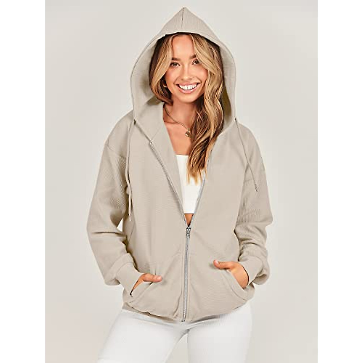 ANRABESS Women's Hoodies 2023 Fall Jacket Rib Kint Sweater Long Sleeve Sweatshirts Casual Dressy Tops Zip Up Trendy Y2K Clothes for Teen Girl 931mihuang-L Beige