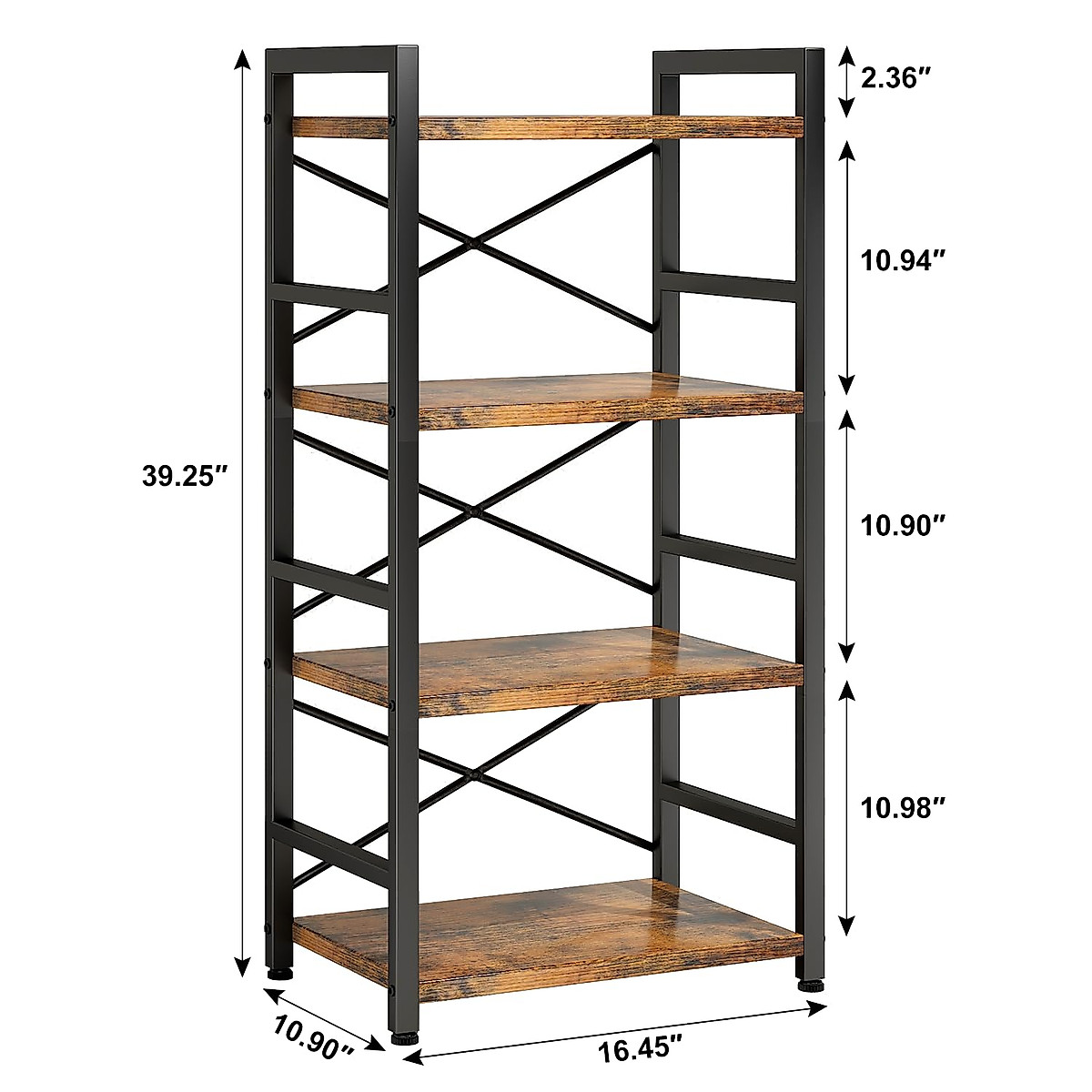 Homeiju Bookshelf, 4 Tier Small Bookcase, Organizers and Storage, Metal Small Bookcase, Rustic Book Shelf Organization and Storage for Living Room, Bedroom, and Home Office(Rustic Brown)