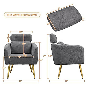 Yaheetech Accent Chair, Cozy Living Room Chair Adjustable Headrest, Boucle Vanity Chair Lumbar Pillow Golden Legs, Modern Armchair Bedroom, Dark Gray