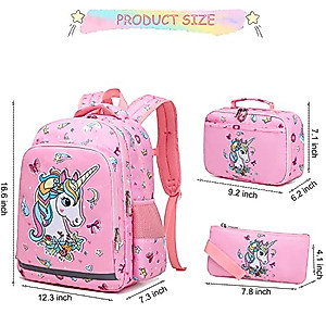 Girls Unicorn Backpack, Elementary School Kids Backpack for Girls Unicorn Bookbag Set with Chest Strap Lunch Bag and Pencil Case