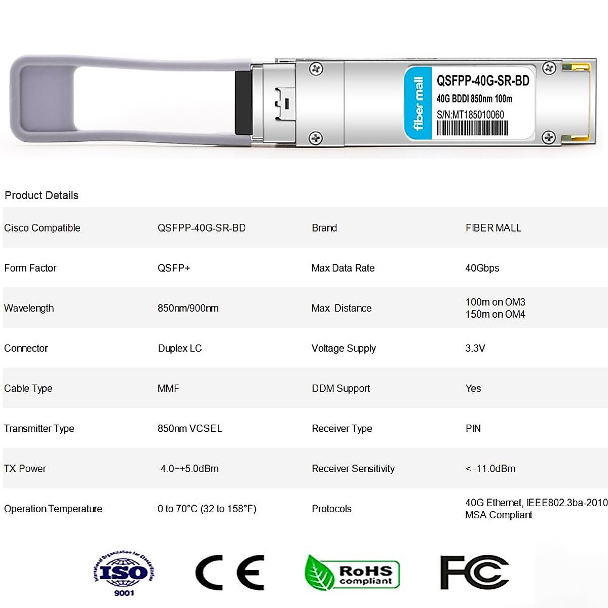 40G QSFP+ SR BiDi for Cisco QSFP-40G-SR-BD,Meraki MA-QSFP-40G-SR-BD, 40GBASE-SR Bi-Directional QSFP+LC Multi-Mode Transceiver Modul 850nm/900nm MMF 100m/150m Duplex LC