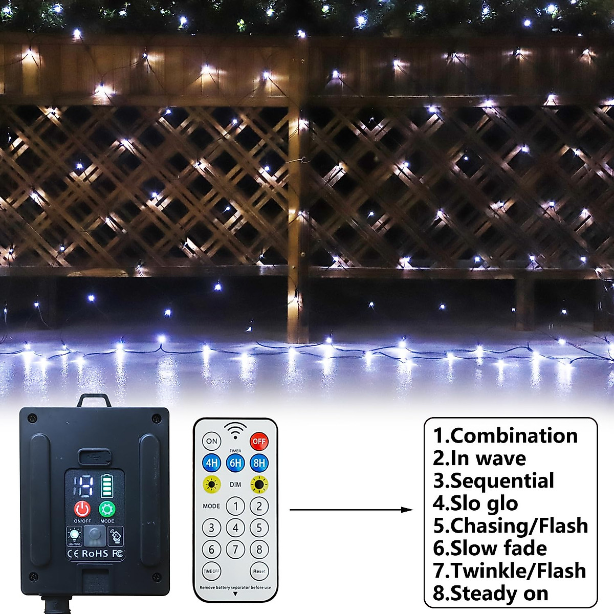 Solar Net Christmas Lights Cool White, 204 LED Net Lights Outdoor Mesh Lights, Waterproof 8 Modes Solar Powered String Lights for Fence, Garden, Yard, Bushes, Trunk, Halloween Decor-9.8ft x 6.6ft