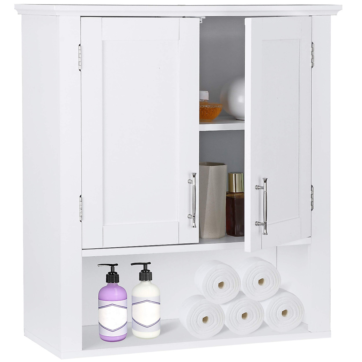 JupiterForce Bathroom Wall Cabinet Over The Toilet with 2 Doors and 3 Adjustable Shelves, Wall Mounted Medicine Cabinet for Bathroom, Living Room, Kitchen, White