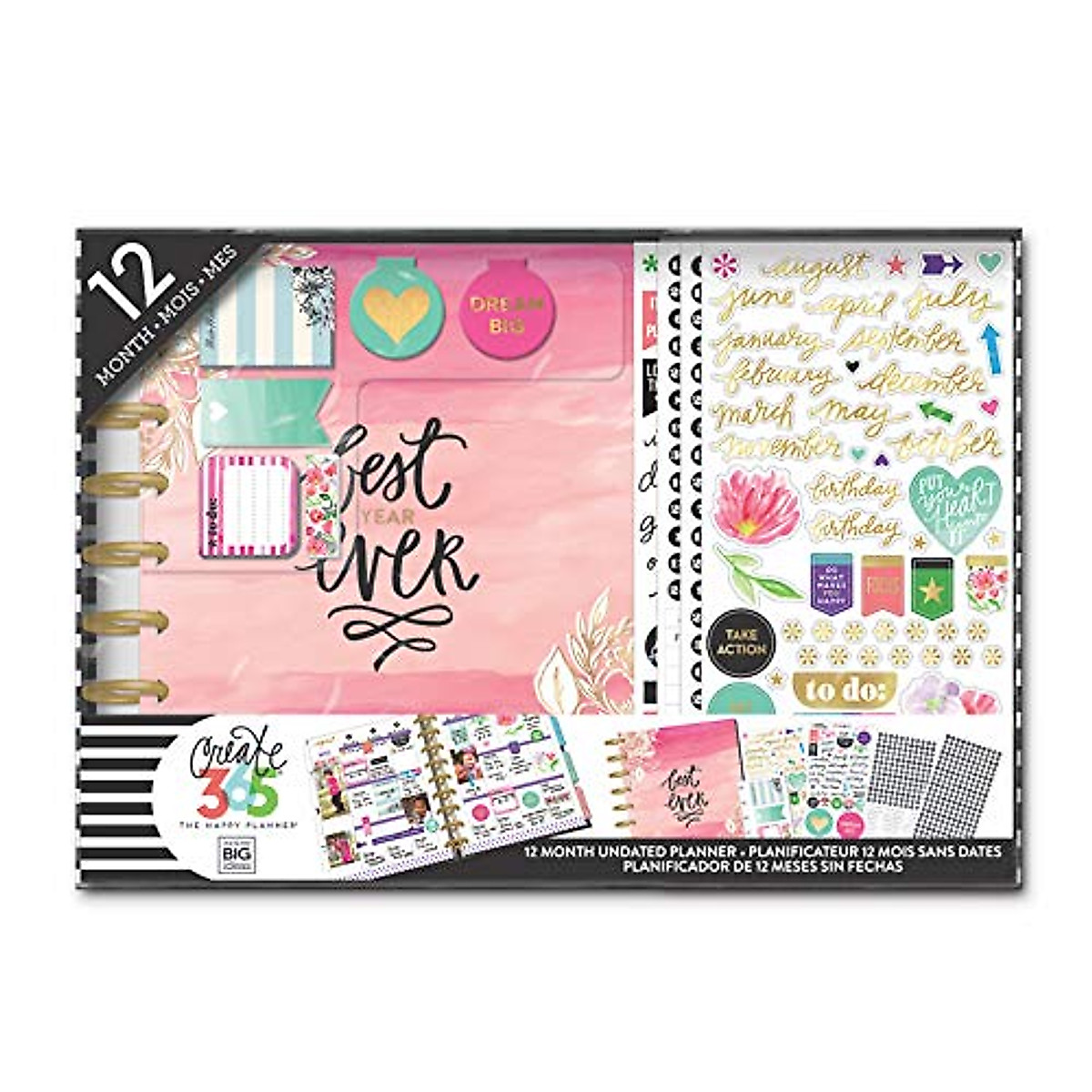 me & my BIG ideas The Happy Planner Box Kit - Best Year Ever Theme - 12 Month Undated - Vertical Layout - 4 Sheets of Stickers, 2 Magnetic Bookmarks, 4 Sticky Note Pads - Classic Size