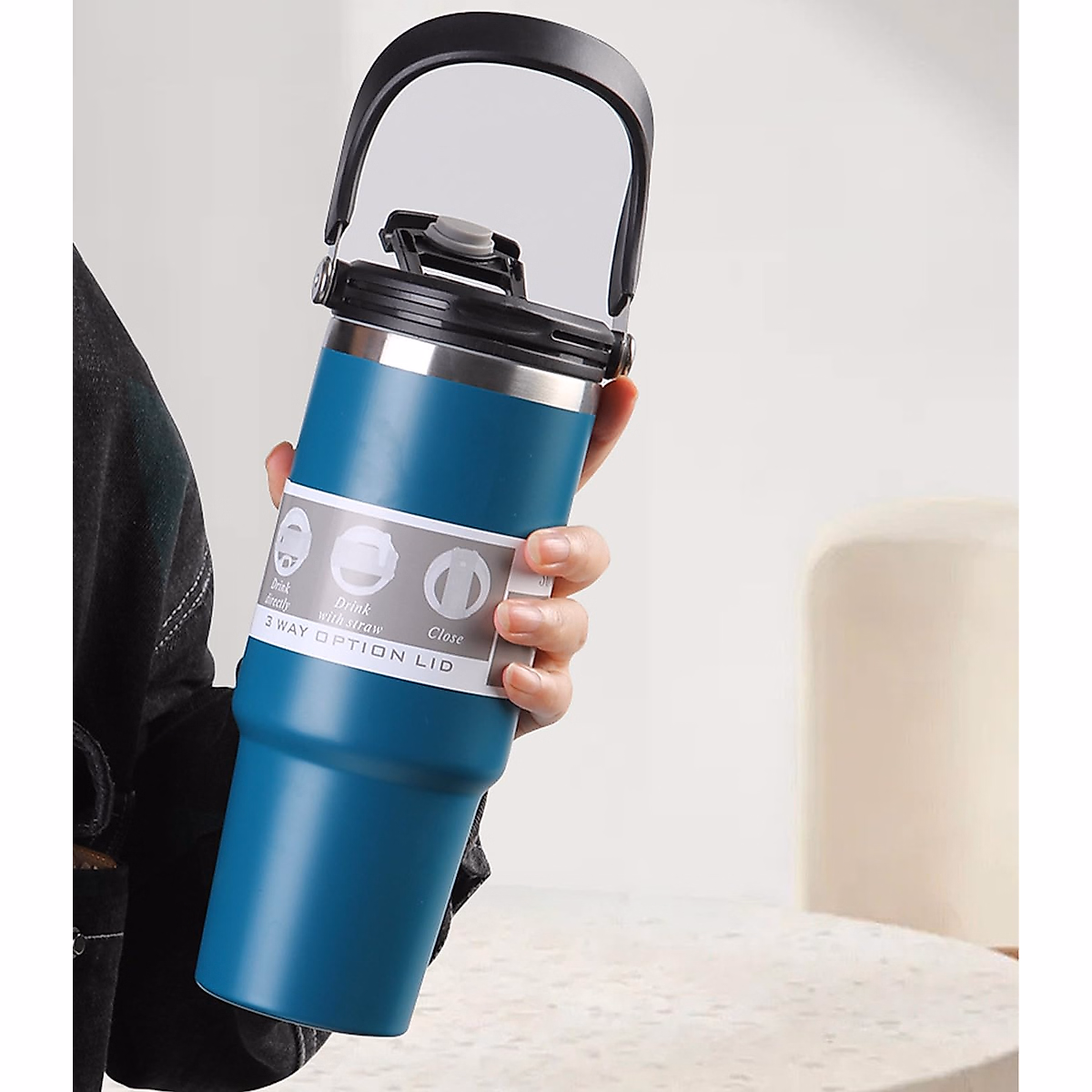 Insulated Straw Mug, 30 oz Anti-Leak Tumbler with 3-Way Lid: Sip, Straw, or Pour - Stainless Steel Travel Coffee Mug Fit Cupholder with Easy-to-carry Handle (Navy)