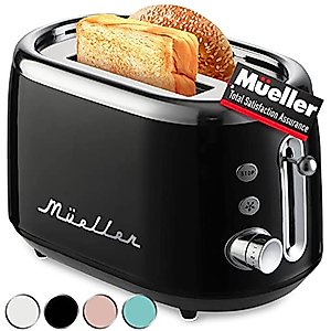 Mueller Retro Toaster 2 Slice with 7 Browning Levels and 3 Functions: Reheat, Defrost & Cancel, Stainless Steel Features, Removable Crumb Tray, Under Base Cord Storage, Black
