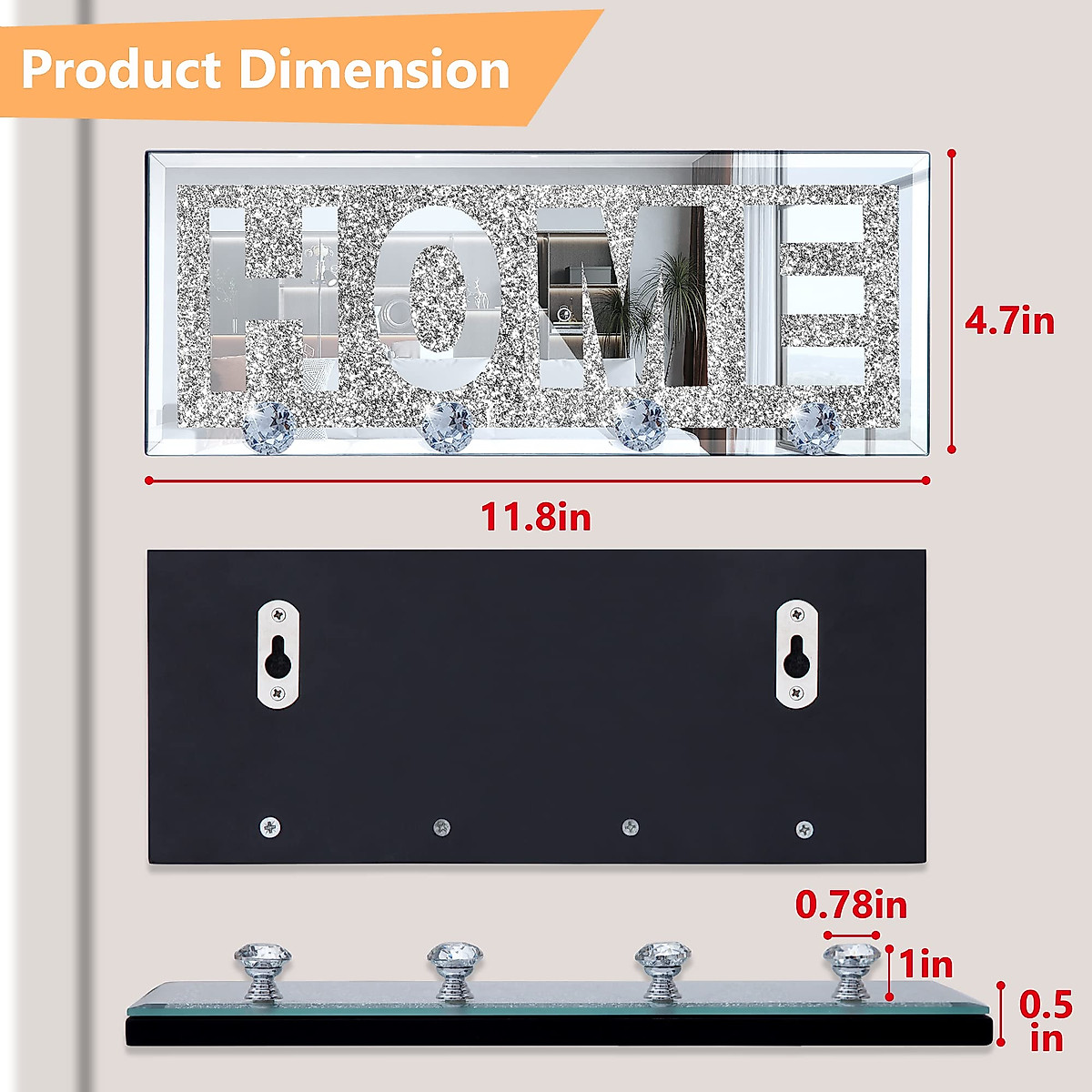 SHYFOY Crystal Clear Hooks Key Holder Key Hanger, Sparkly Mirrored Home Letters Plaque Sign for Wall Decor, Silver Mirror Decoration Wall Art, Wall Mounted Home Decor