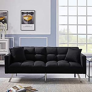 Olela Sleeper Sofa Bed Modern Tuft Futon Couch Convertible Loveseat Sleeper Reclining Sofa Bed Twin Size with Arms and 2 Pillows for Living Room, Black