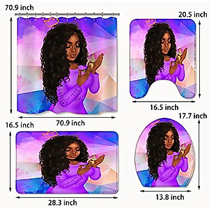 African American Woman Shower Curtains for Bathroom, 4PCS Bathroom Sets Include 1 Fabric Shower Curtain, 2 Non-Slip Bathroom Rugs and 1 Toilet Lid Cover, Black Girl Bathroom Decor