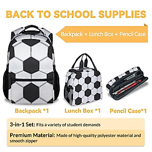 NICEFORNICE Soccer Kids Backpack with Lunch Box, Set of 3 School Backpacks Matching Combo, Cute Black Bookbag and Pencil Case Bundle