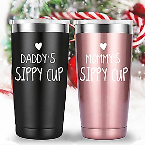 Daddy's and Mommy's Sippy Cup Travel Mug Tumbler.Couple Gifts.Fathers Mothers Day Anniversary Birthday Christmas Gifts for Mom Dad.Dad Mom Parents Gifts from Daughter Son.(20oz Black&Rose Gold)