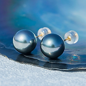 Mihiarii Tahitian Black Pearl Stud Earrings 18K Real Solid Yellow Gold 10MM Pearl Earring Birthday Anniversary Mothers Day Valentines Day Christmas Gifts for Mom Her Women