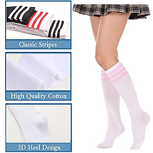 DOOVID Knee High Socks for Women Tube Socks Elasticity Athletic Socks Stripe Knee High Stockings Casual Socks White Pink One Size