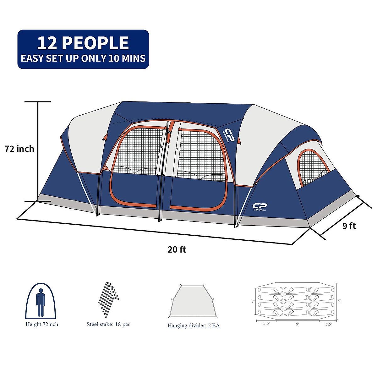 CAMPROS Tent-9-Person-Camping-Tents, Waterproof Windproof Family Tent with Top Rainfly, 3 Large Mesh Windows, Double Layer, Easy Set Up, Portable with Carry Bag, for All Seasons - Blue