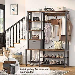 Aheaplus Hall Tree with Storage Bench, Coat Rack with LED Lights, 5-Tier Shelves, Fabric Storage Basket, Side Hooks, 71’’ Industrial 5 in 1 Large Organizer, Sturdy Metal Frame, Rustic Brown