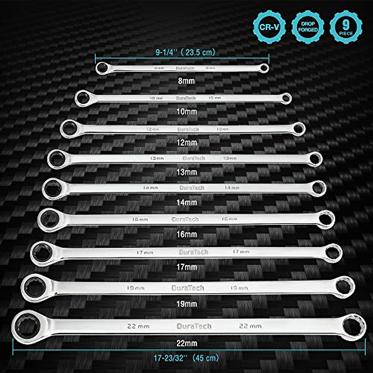 DURATECH Extra Long Ratcheting Wrench Set, Combination Wrench Set, Metric, 9-Piece, 8,10,12,13,14,16,17,19,22mm, CR-V Steel, with EVA Foam Tool Organizer