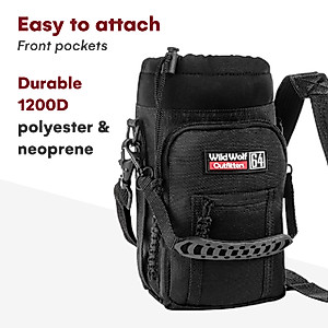 Wild Wolf Outfitters WWO Water Bottle Holder for 64oz Bottles Black - Insulated with 2 Pockets & Adjustable Strap - Carry, Protect and Insulate Your Flask - Military Grade Carrier