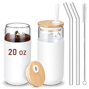 20 OZ Glass Cups with Bamboo Lids and Straws - Beer Can Shaped Drinking Glasses with Silicone Protective Sleeve Set, Iced Coffee Glasses, Cute Tumbler Cup for Water, Smoothie, Boba Tea, Gift - 2 Pack