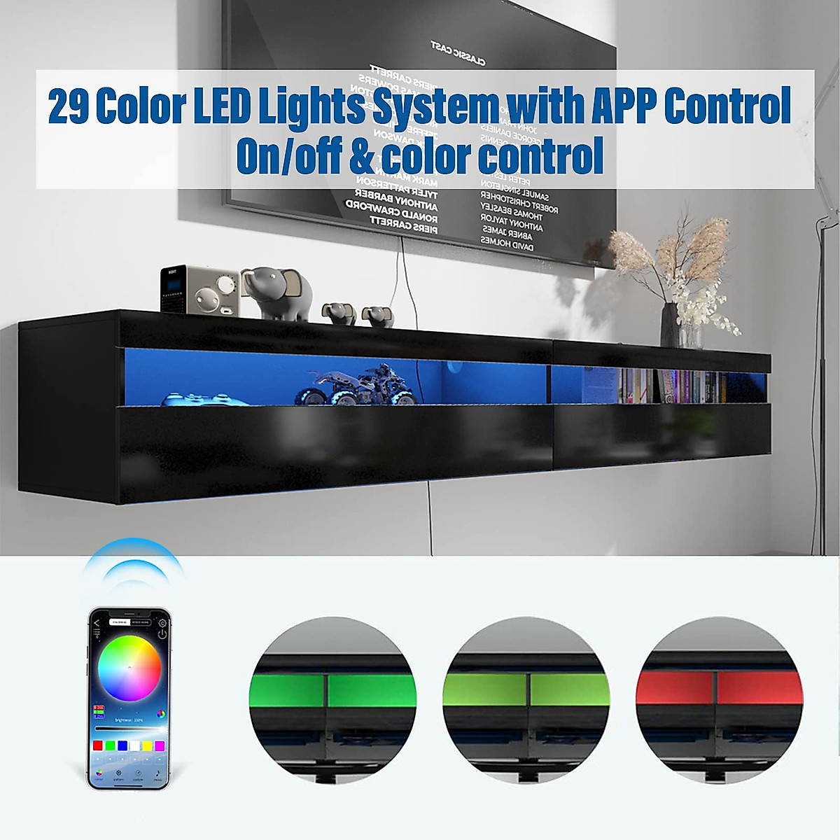 EXQUAL Modern Floating TV Stand, Black, 70.8''L x 16.3''W x 11.8''H, Wall Mounted TV Shelf with LED Lights & Power Outlet, 110 lbs Weight Capacity, for Living Room & Bedroom