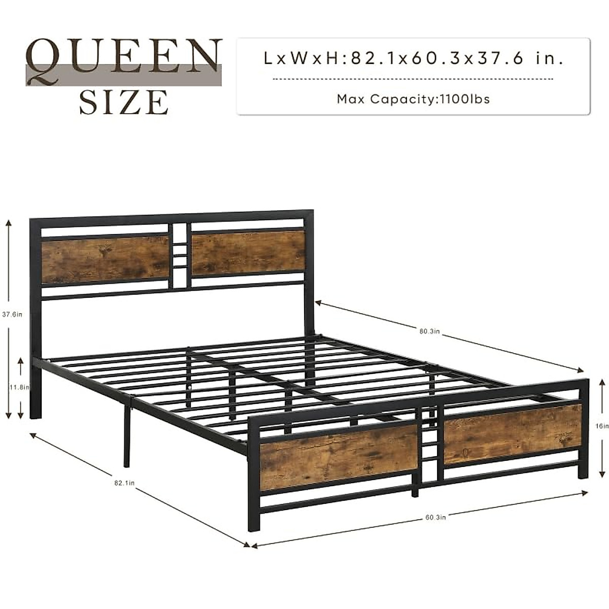 AnwickNomo Queen Size Metal Platform Bed Frame with Wooden Headboard and Footboard, Heavy Duty Rustic Country Style Mattress Foundation with Strong Slat Support, No Box Spring Needed, Noise-Free