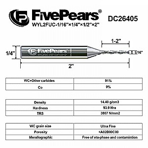 FivePears Down Cut Spiral Router Bit for CNC, 1/16 inch Cutting Diameter and 1/2 inch Cutting Length 1/4 inch Shank Carbide End Mill Router Bit for Wood Carving Engraving Grinding Grooving
