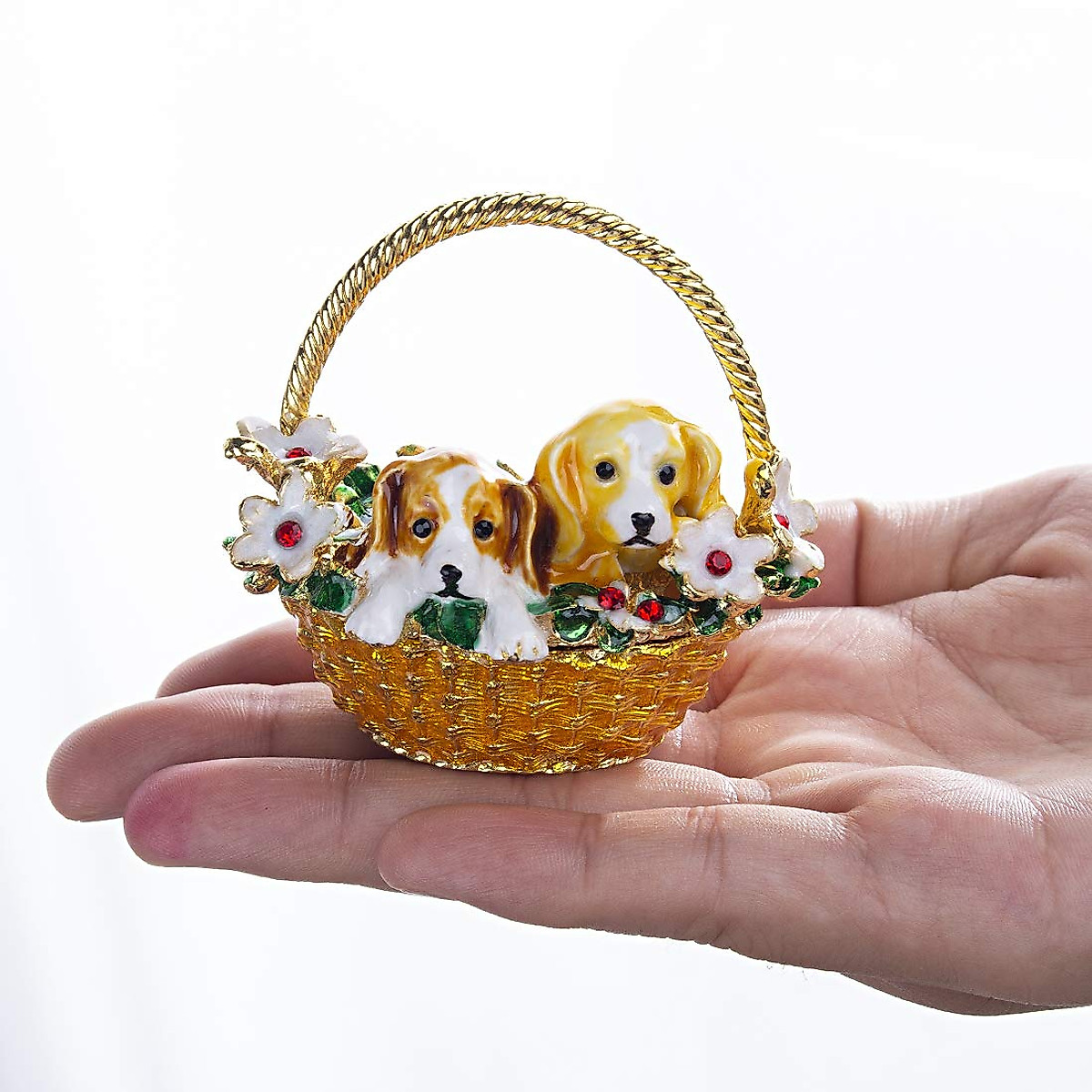 YU FENG Puppy Flower Basket Trinket Boxes Hinged Rhinestones Jeweled Painted Enameled Collectible Dog Animal Figurine Jewelry Holder Box