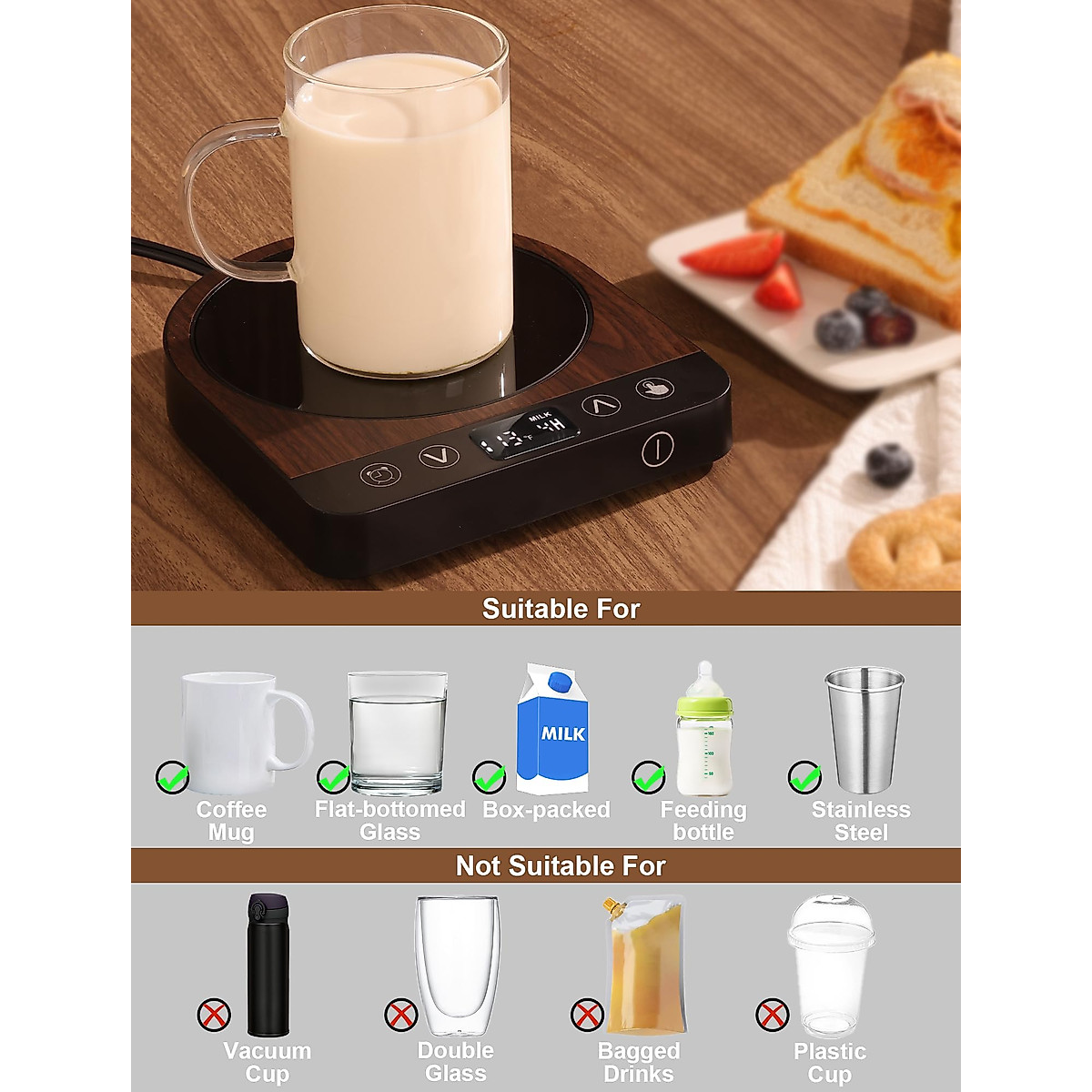 Rigstne Coffee Mug Warmer - 50W Mug Warmer for Desk, Coffee Cup Warmer Fast Heating, Candle Warmer Plate for Travel, Office and Home, 15 Temp Setting, Wood Grain