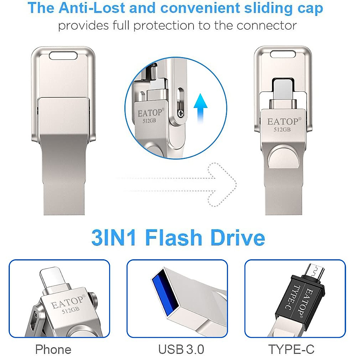 EATOP USB 3.0 ,512GB flash drive Photo Storage memory stick Thumb Drive Compatible with iPhone iPad Android and Computers (Silver)