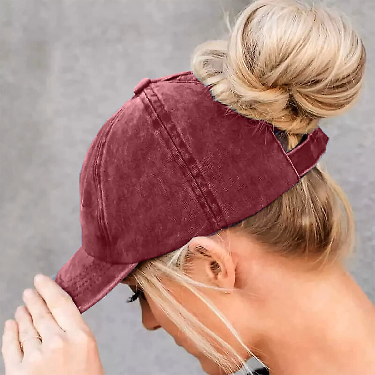 29 IYEBRAO Womens Ponytail Baseball Cap Messy Bun Ponycap Washed Cotton Sport Hat Adjustable Dad Hat Trucker Cap Low Profile Hat (2 Pack-Washed-Classic-Black&Burgundy)