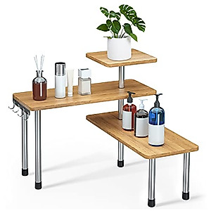 Jolitac 3 Tier Corner Shelf - Desktop Spice Storage Rack, Space Saving Organizer Bamboo Corner Bookshelf, Adjustable Display Shelves for Kitchen, Home, Office (with Hooks)