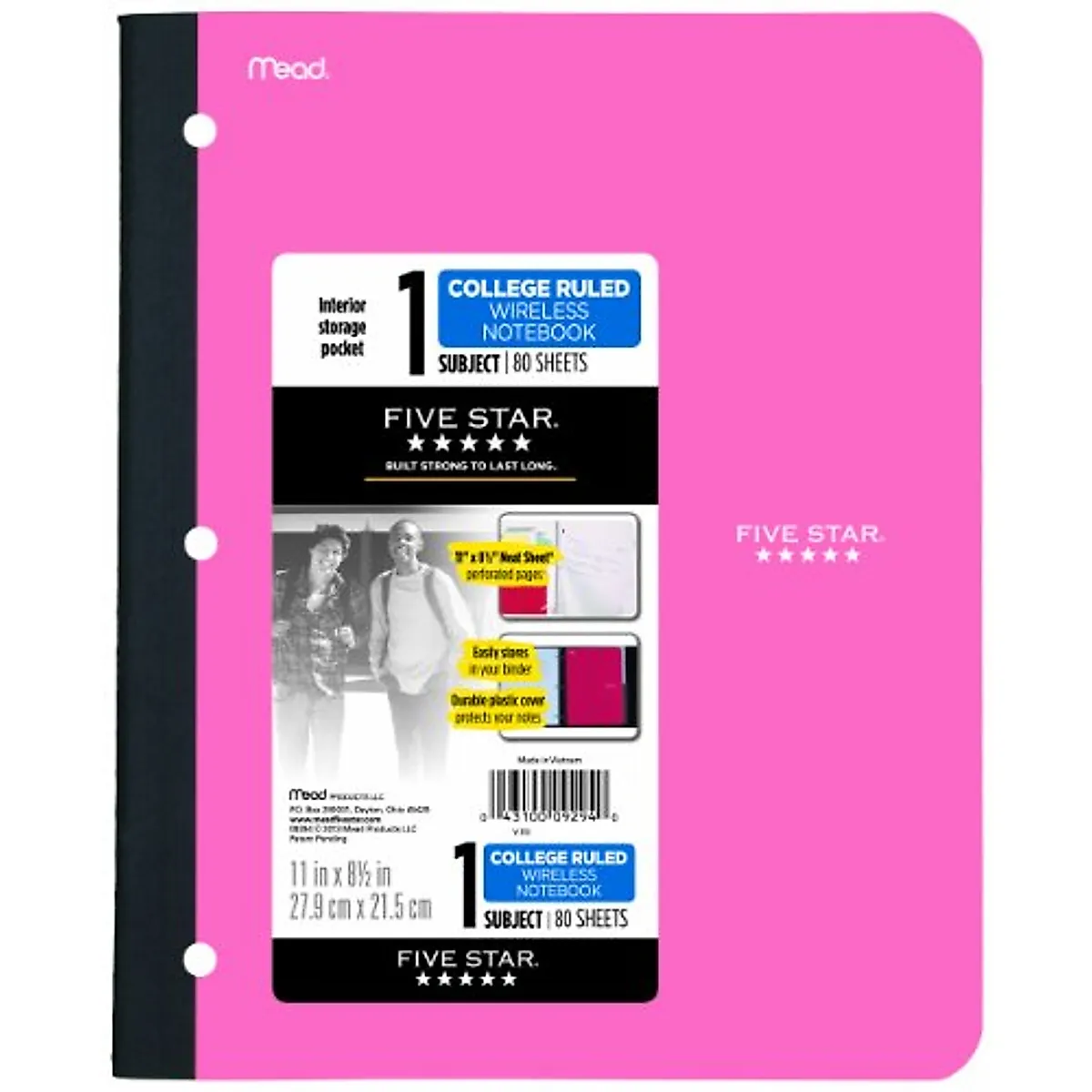 Five Star Bound Notebook with Pocket, 1 Subject, College Ruled Paper, 80 Sheets, 11" x 8-1/2", Color Selected For You, 1 Count (09294)